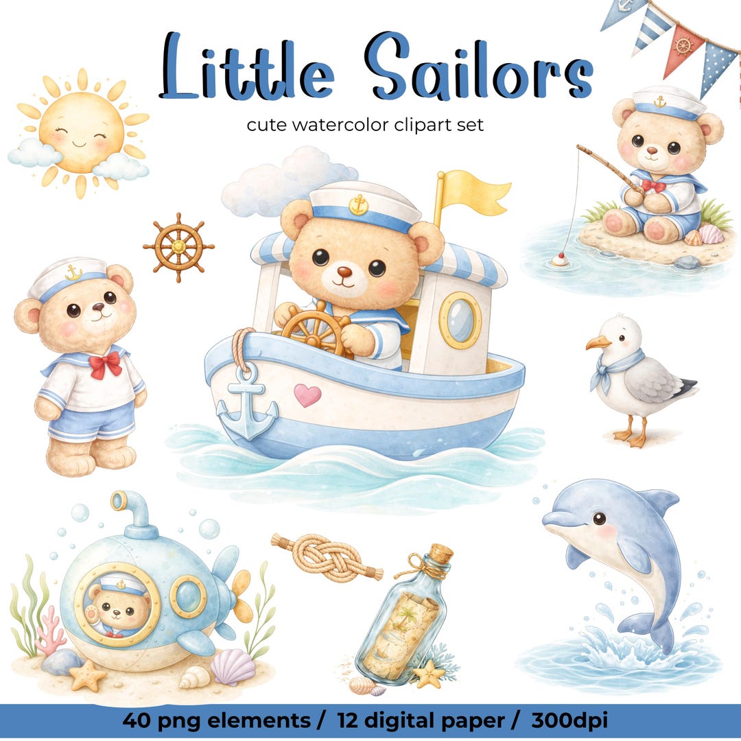 Nautical Baby Clipart | Sailor Clipart Watercolor | Teddy Bear Sailor ...