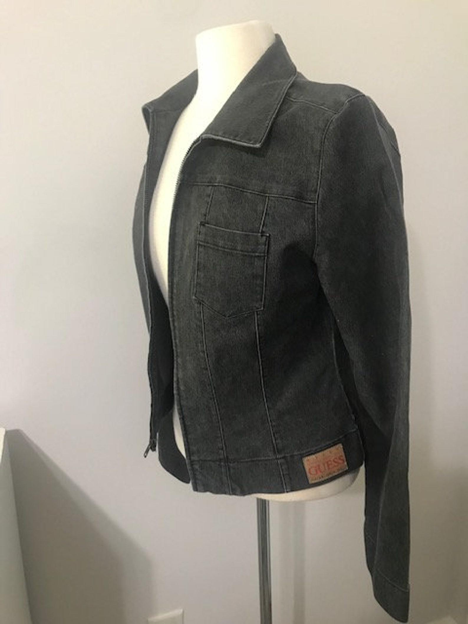 GUESS Denim Grey Jacket, Hand Painted Red Heart, Women's Casual Jacket ...