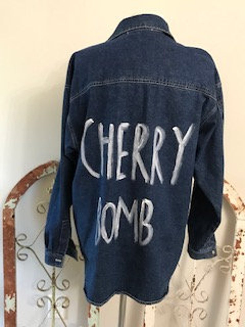 Denim Unisex Shirt, Hand Painted Jacket, Cherry Bomb Jean Top, Size ...