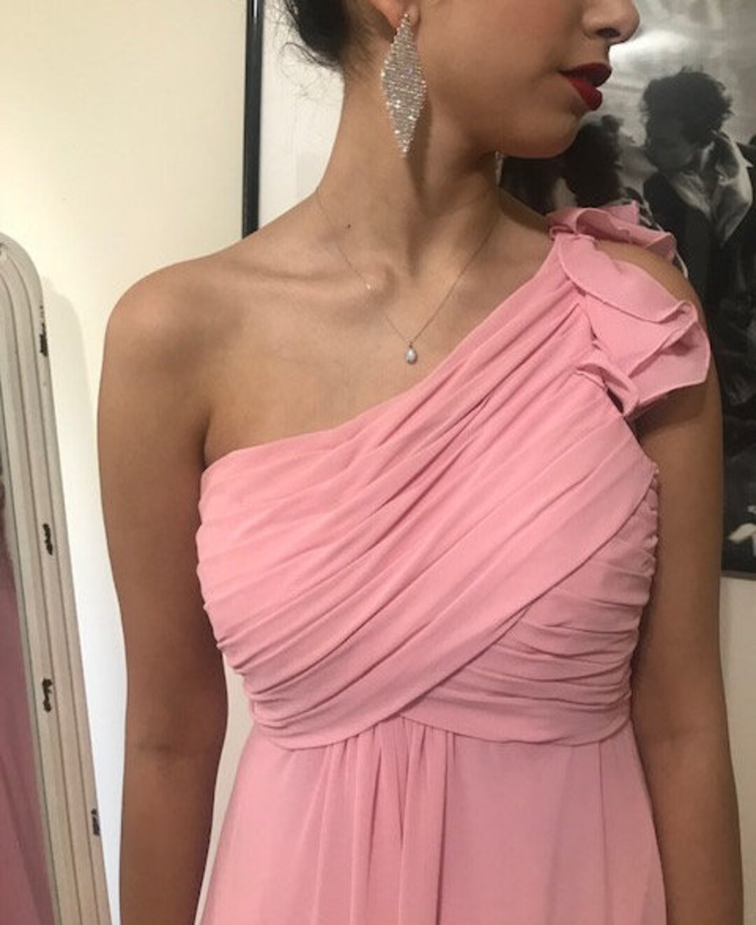Vintage Half Shoulder Pink Dress, Maid of Honor Dress, Prom Dress, Size ...