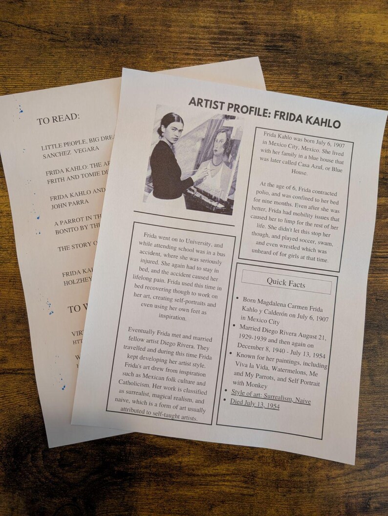 Printable Frida Kahlo Artist Mini Study - Etsy