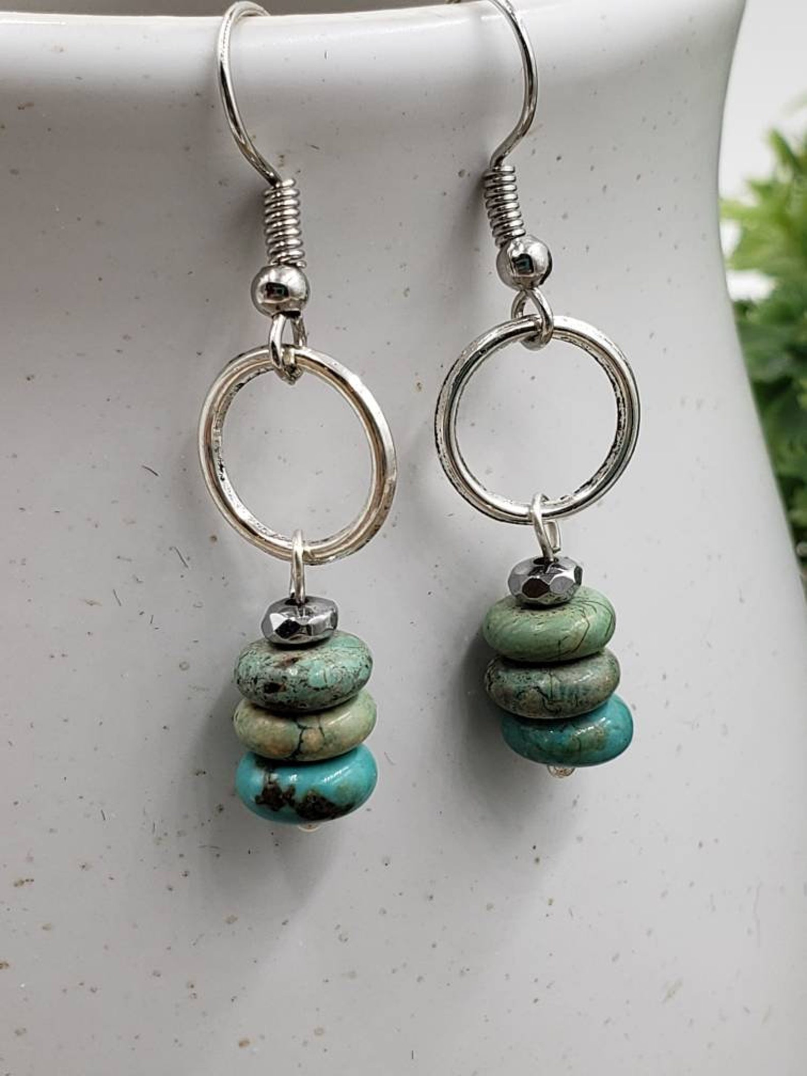 Magnesite and Silver Stacked Stone Earrings/Natural Stone/Boho | Etsy