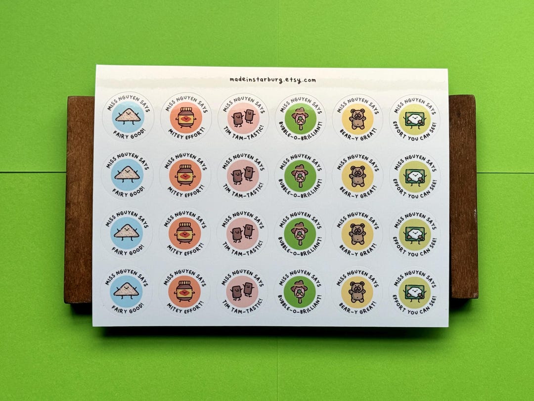 Original Personalised Teacher Merit Sticker Sheets Aussie Snack Puns ...
