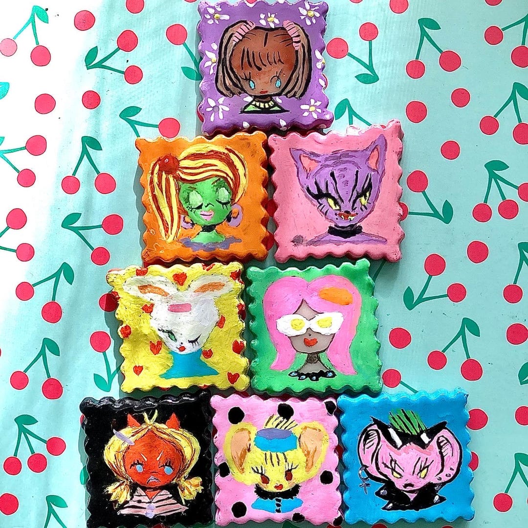 Paintings With Portraits of Illustrious Pins ,hand Made, Clay, Gouache ...