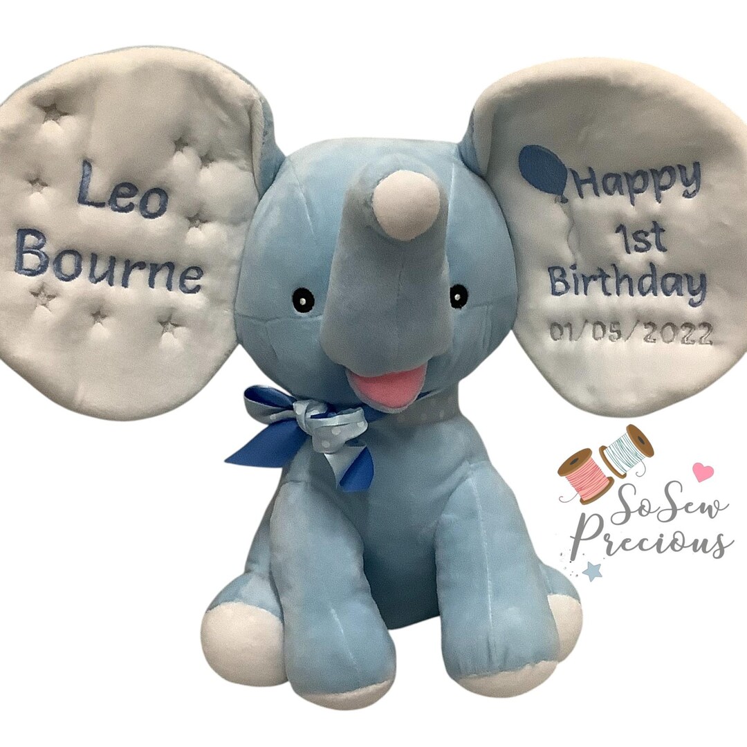 Personalized Blue Elephant Plush, Embroidered Birthday Baby Gift ...