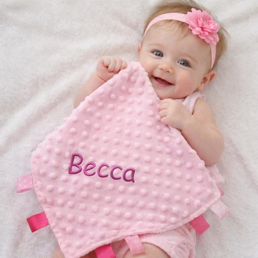 Personalised Baby Tag Blanket, Comforter, Pink, Personalized Blankie ...