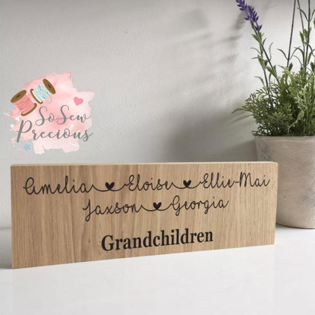 Personalised Grandchildren Plaque Block, Freestanding in Oak Veneer ...
