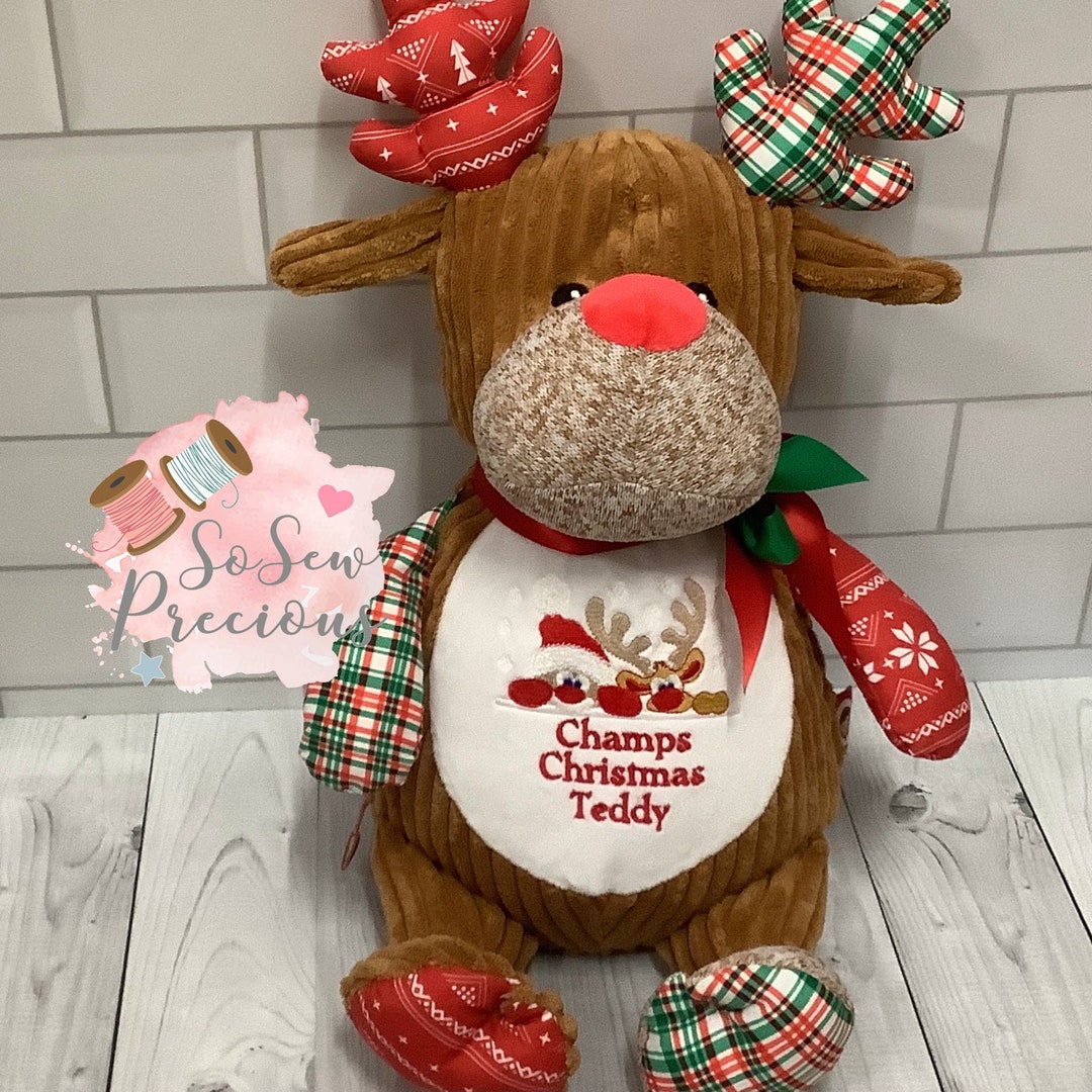 Personalized Reindeer Christmas Teddy, Embroidered Cubby Stuffy - Etsy