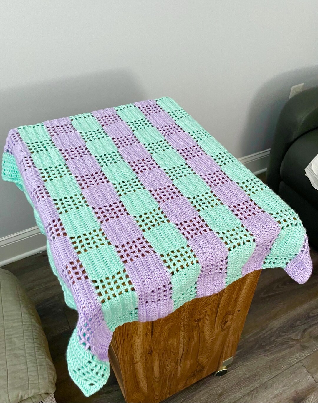 Lilac & Mint Checkered Crochet Baby Blanket: Pastel Afghan - Etsy