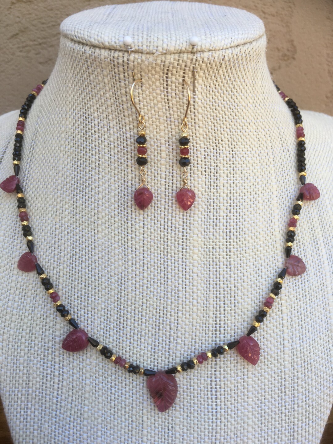 Hand Carved Ruby Leaves, Black Spinel, Gold Fill, Vermeil Necklace and ...