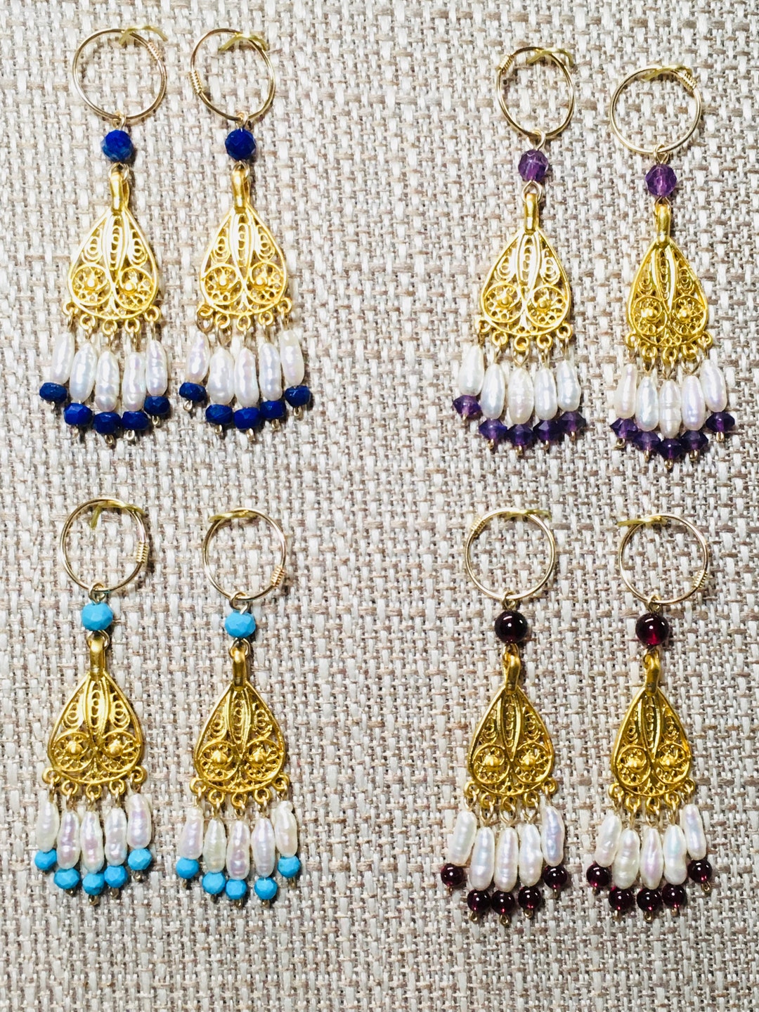 Ancient Style Earrings With Genuine Pearls and Choice of Gemstones, 22k ...