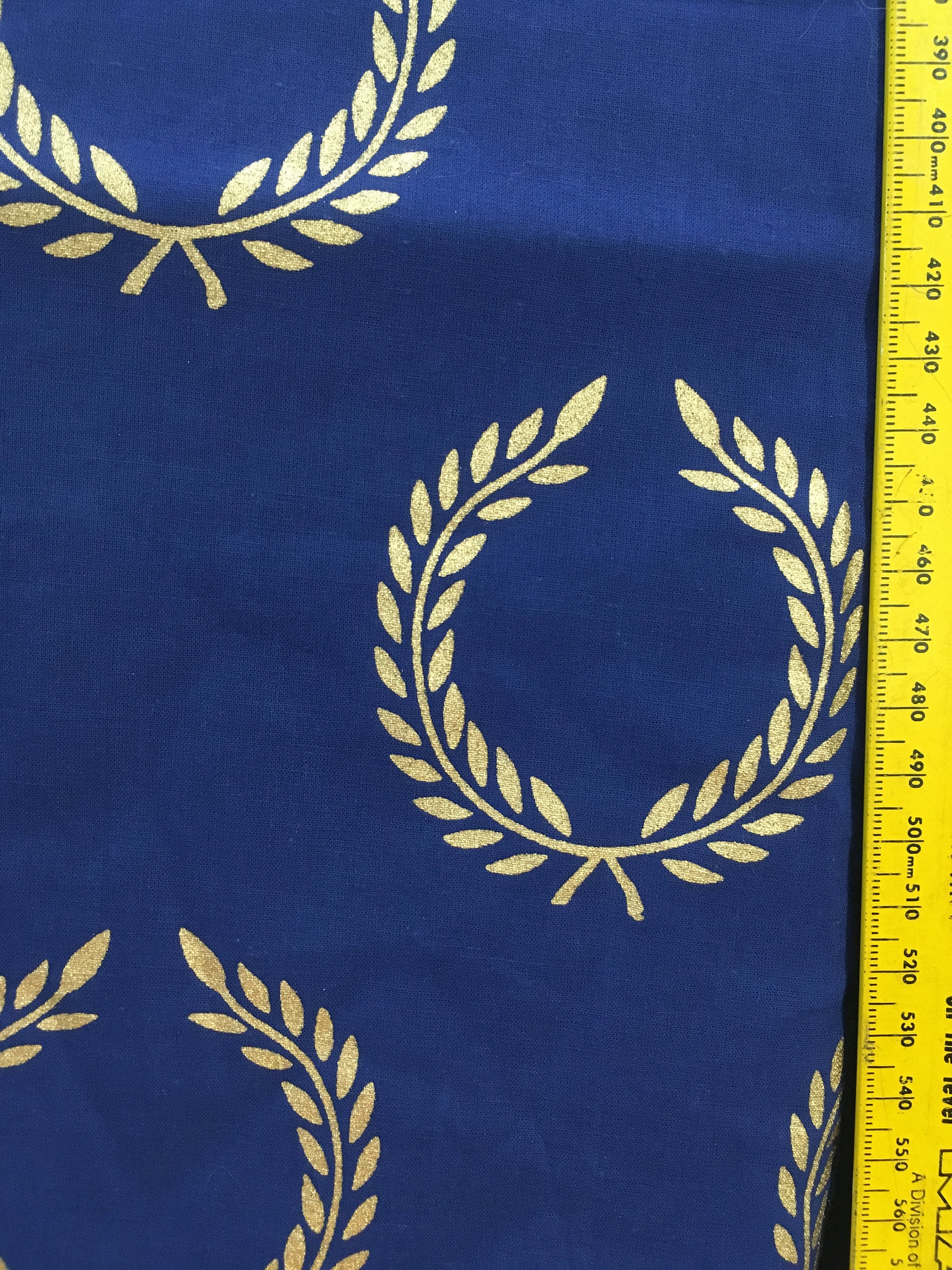 5 Yards Blue Laurel Wreath Print Cotton With Metallic Gold or | Etsy