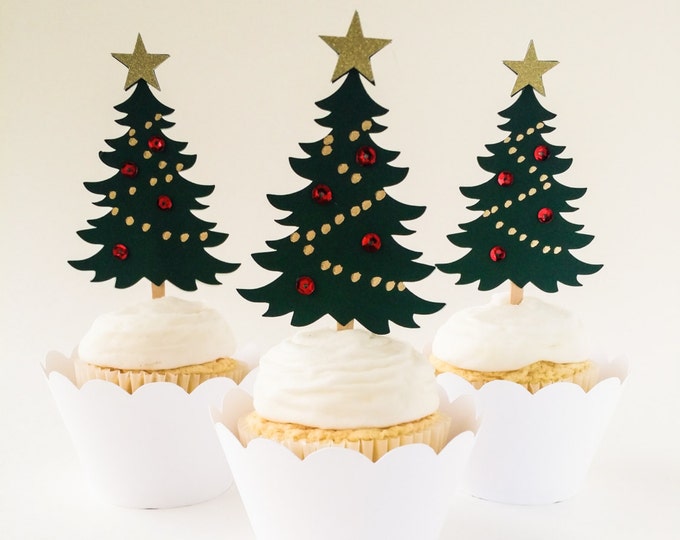 12 Christmas Tree Cupcake Toppers Tree Cupcake Picks Green - Etsy