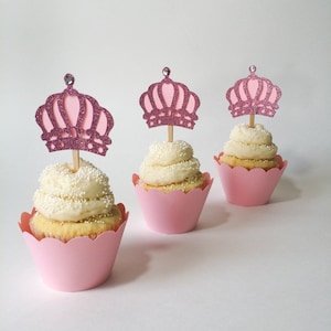 12 Princess Crown Cupcake Toppers - Pink Glitter & Light Pink Crown ...