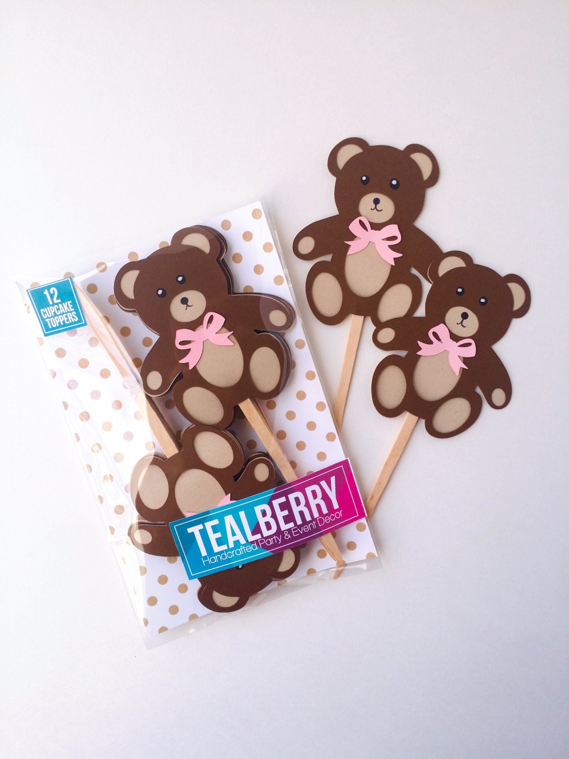 12 Teddy Bear Cupcake Toppers Girl Teddy Bear in Pink Set | Etsy