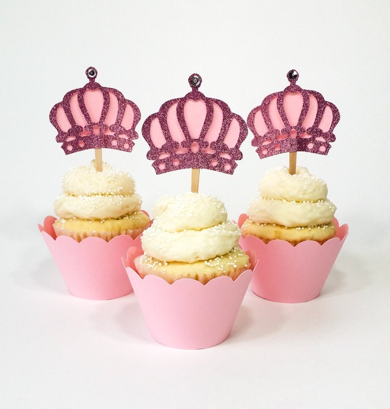 12 Princess Crown Cupcake Toppers Pink Glitter & Light Pink | Etsy