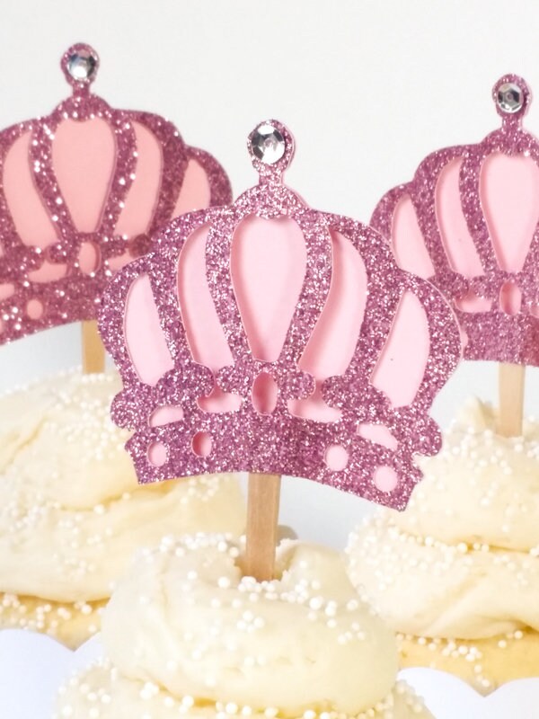 12 Princess Crown Cupcake Toppers Pink Glitter & Light Pink | Etsy