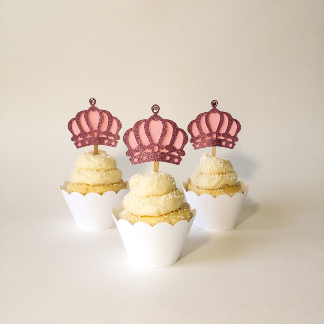 12 Princess Crown Cupcake Toppers - Pink Glitter & Light Pink Crown ...
