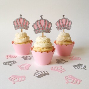 12 Princess Crown Cupcake Toppers - Silver Glitter & Light Pink Crown ...