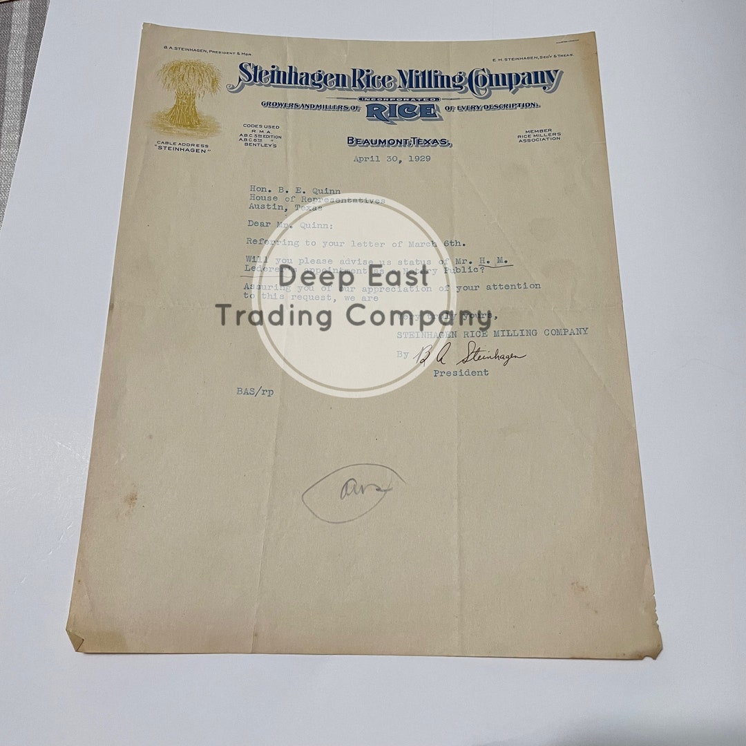 Steinhagen Rice Milling Company Lettet 1929 Signed B. A. Steinhagen ...