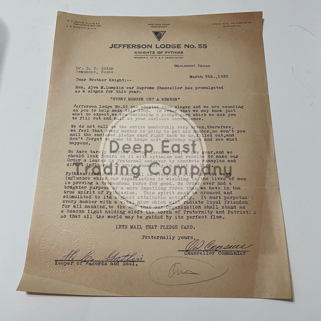 Knights of Pythias Letter Jefferson Lodge 55 1930 Beaumont Texas - Etsy