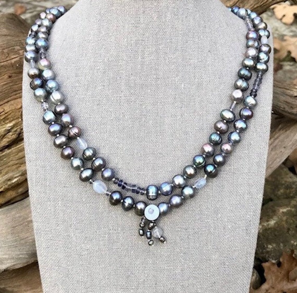 Large Light Blue Pearl and Gemstone Long Necklace | Iridescent Light ...