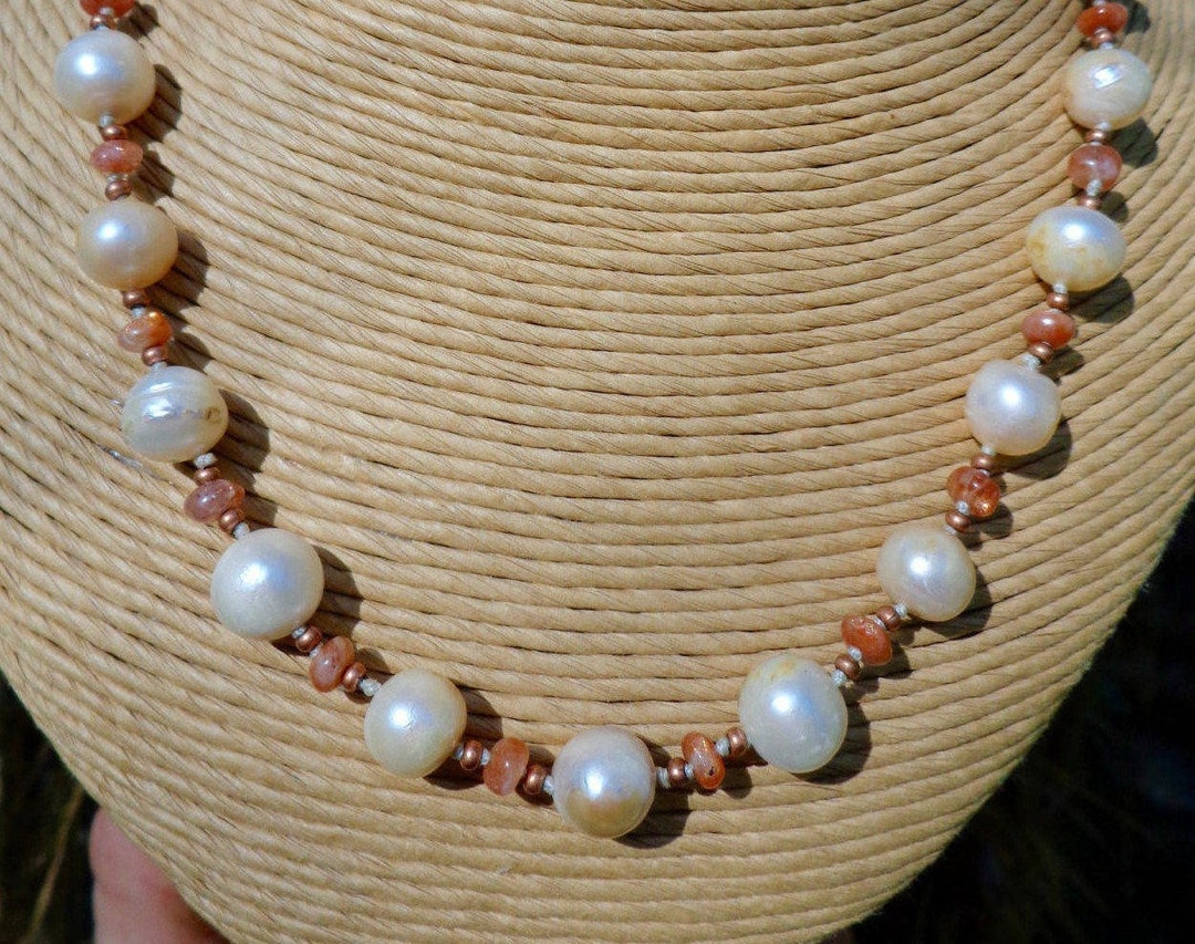 Sunstone & Pearl Necklace | Sunstone, Pearl, and Copper Jewelry ...