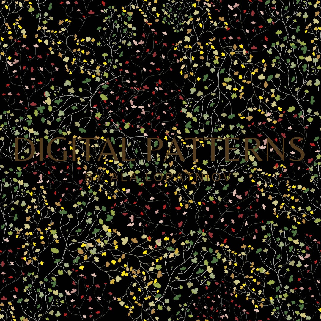 Wildflowers Black Background Pattern, Greenary Seamless Pattern, Repeat ...