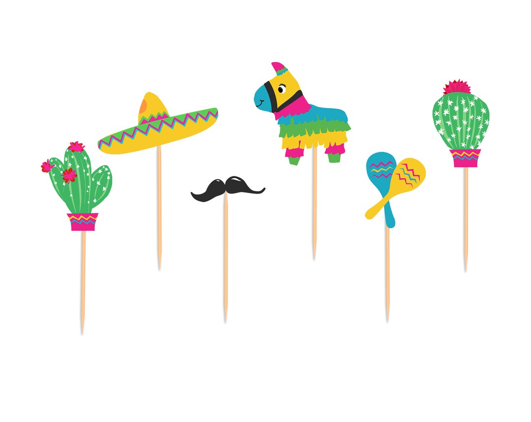 Mexican Party Cupcake Toppers - 6 Designs -cactus, Hat, Maracas, Donkey ...