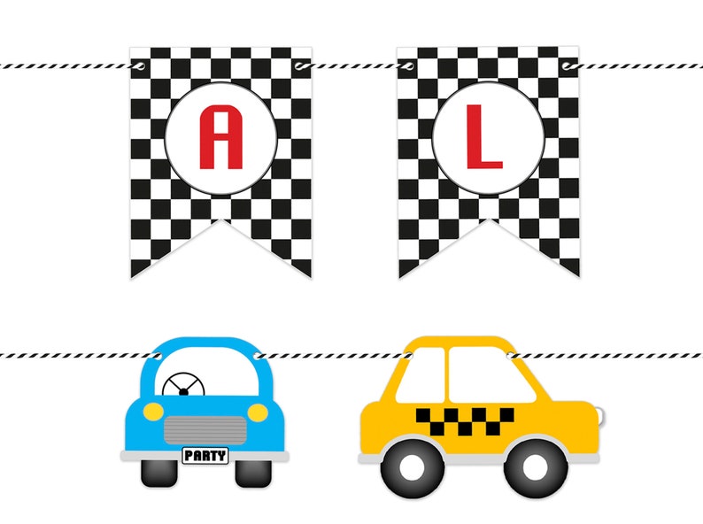 Party Cars Banner - DIY Custom Checkered Party Bunting and Cars Garland ...