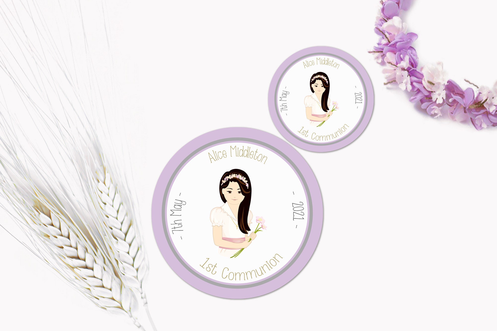 Custom First Communion Labels Girl brown Hair Party Sticker, Tags ...