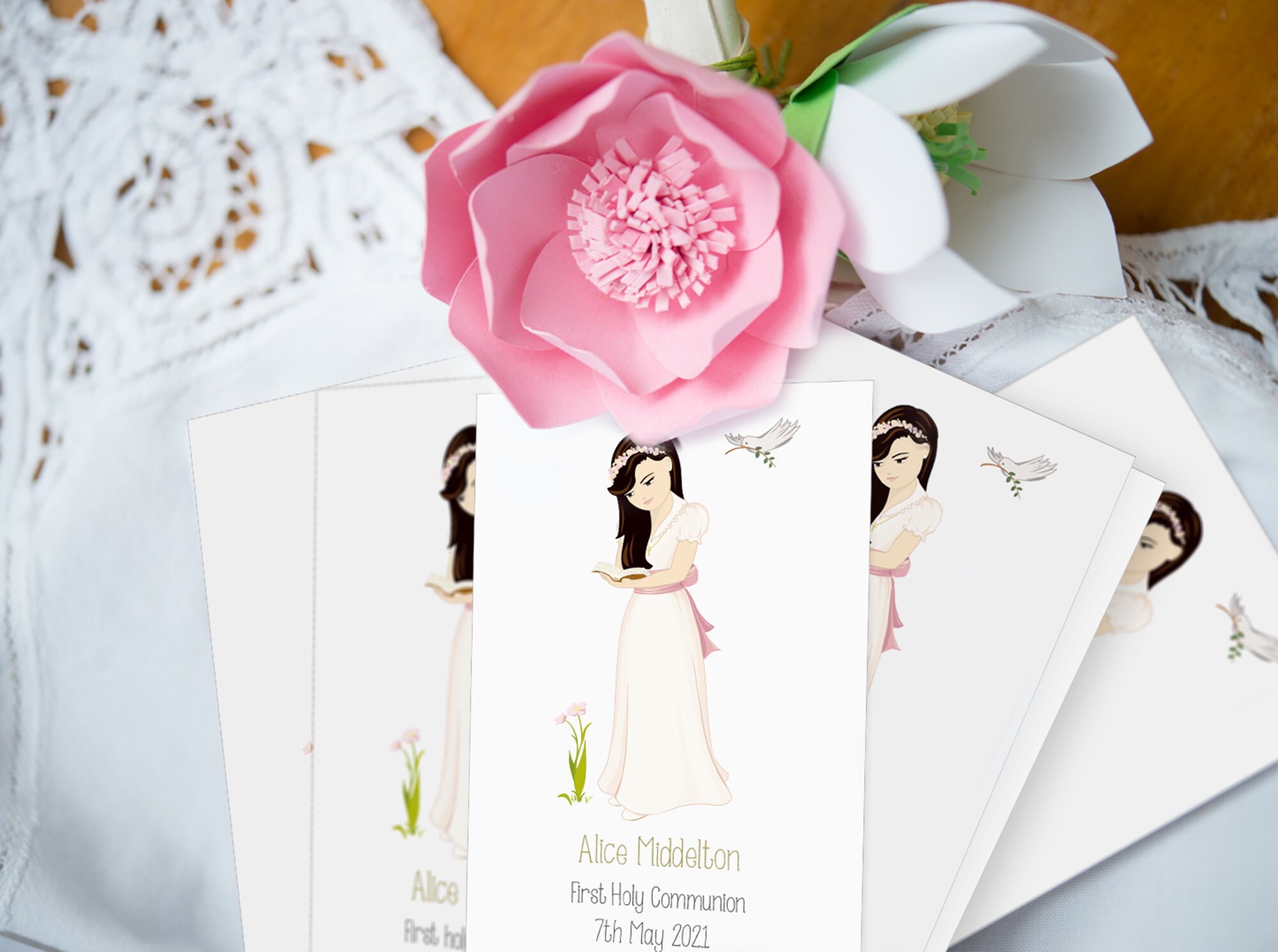 First Communion Commemorative Card Girl (brown Hair) - Custom Card ...