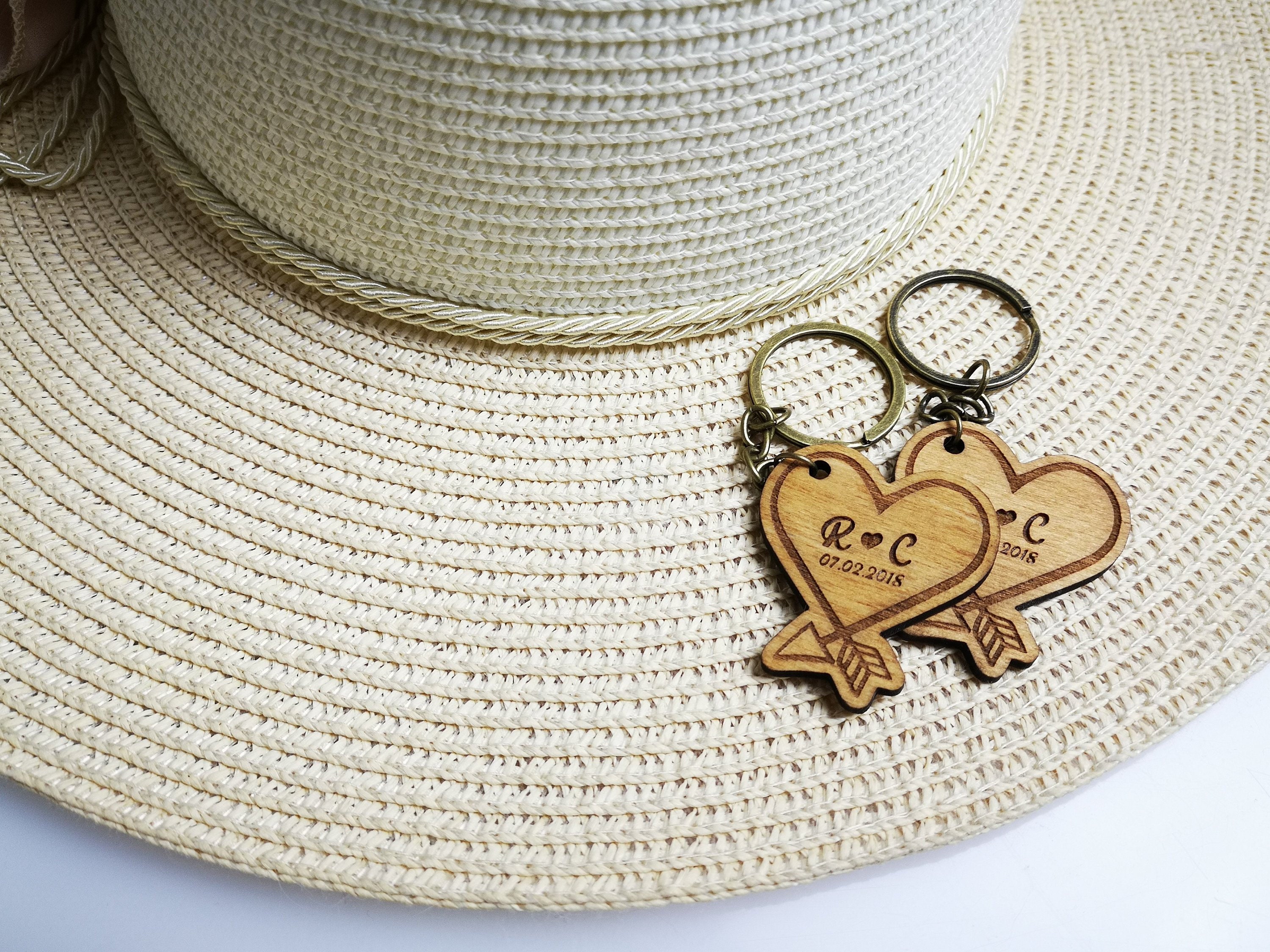 2 Wooden Personalised Keyring, Anniversary Date Keychain, Wooden ...