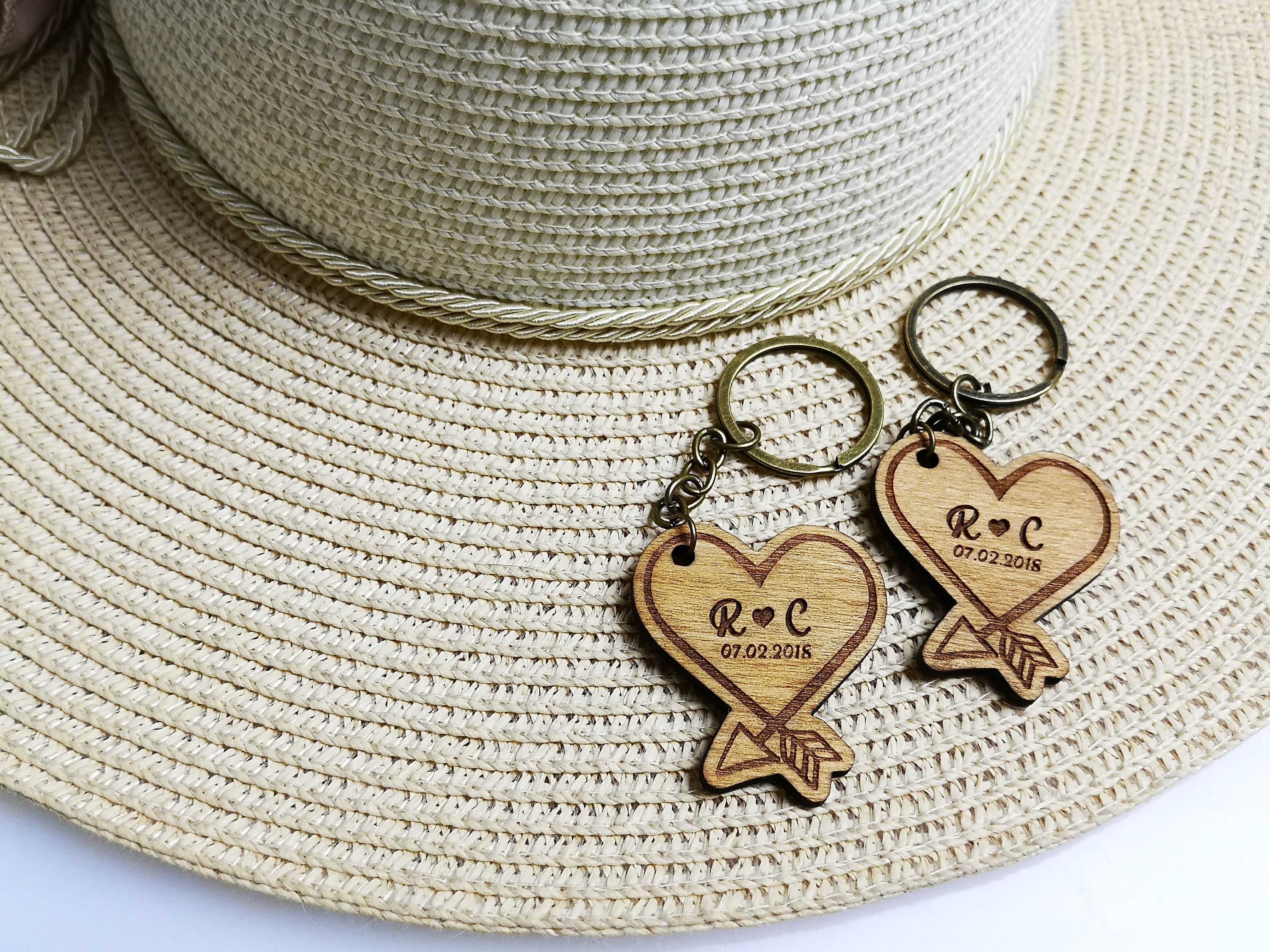 2 Wooden Personalised Keyring, Anniversary Date Keychain, Wooden ...