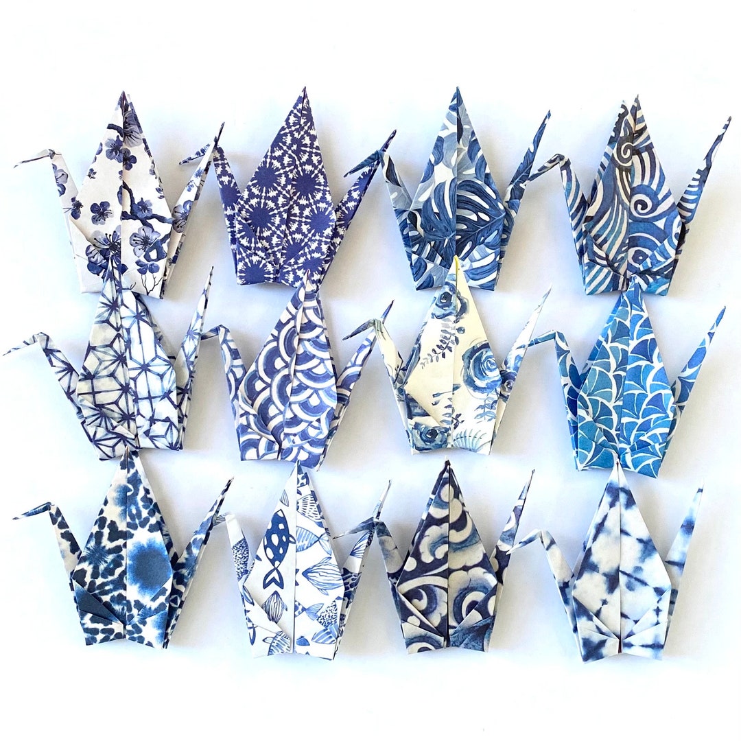 12 Medium Origami Cranes, Blue & White Cranes, Origami Room Decor ...