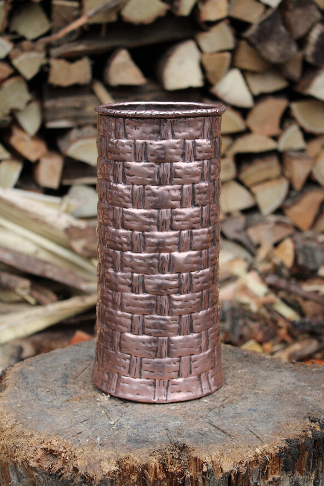 Tall Round Container Vase Chiseled With Hand-worked Copper Basket ...