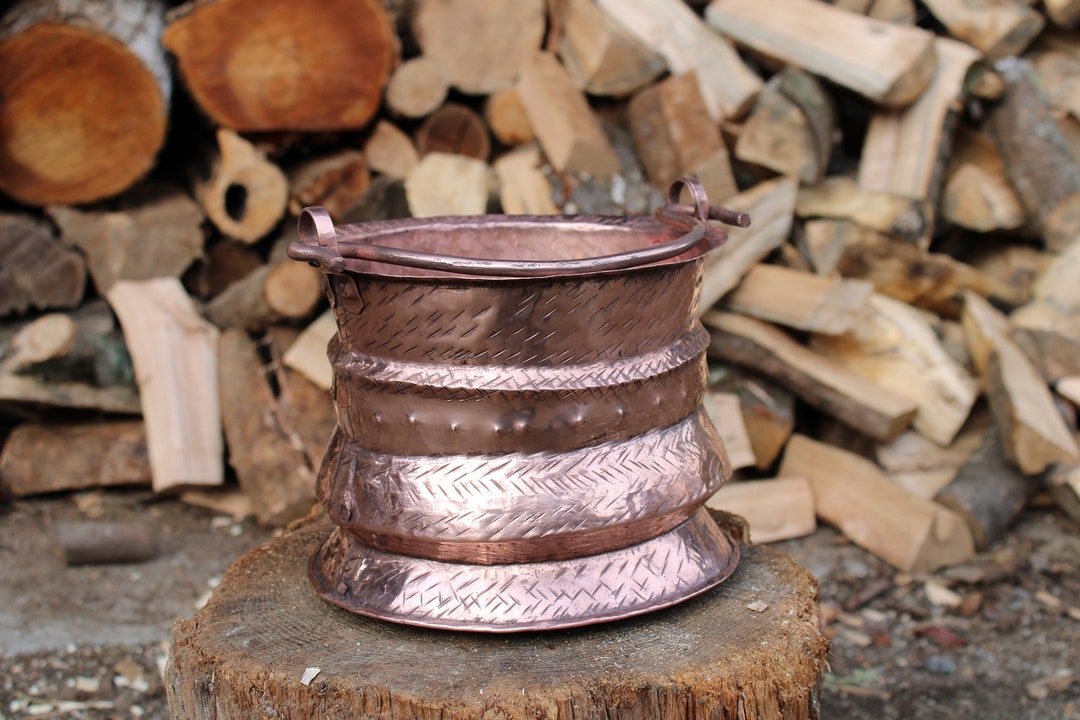 Original Round Container Vase With Hand Made Chiseled Copper Handle - Etsy