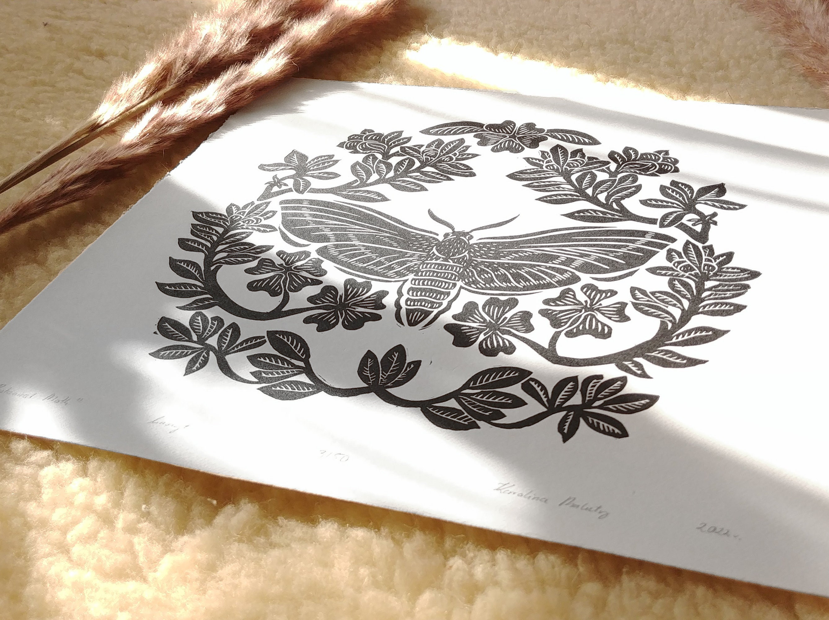 Botanical Moth Linocut Print, Wall Decoration, Block Print Art, Hand ...