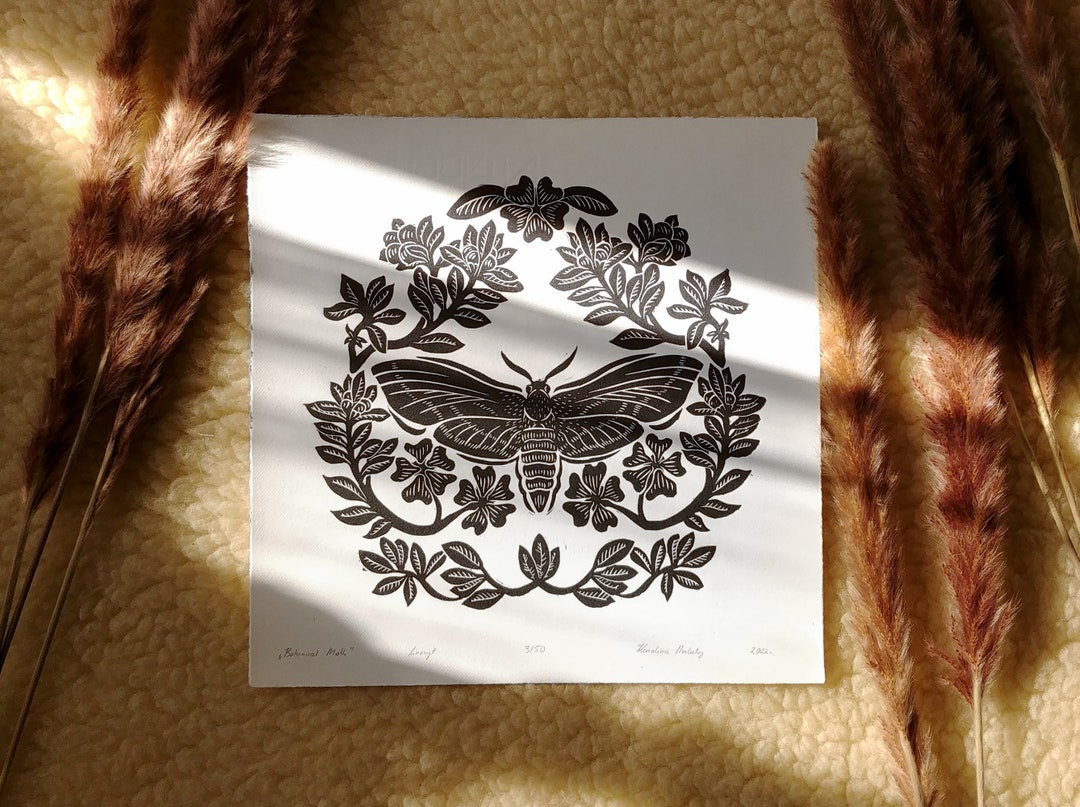 Botanical Moth Linocut Print, Wall Decoration, Block Print Art, Hand ...