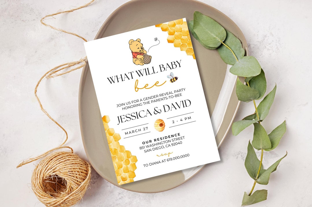 Winnie the Pooh Bee Gender Reveal Baby Shower Invitation Theme, Honey ...