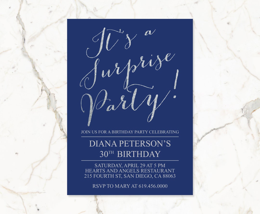 Surprise Blue and Silver Birthday Party Invitation/printable Silver ...