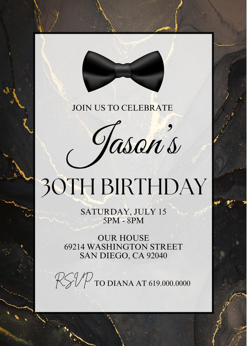 Tuxedo Birthday Invitation for Men Adults/black Tie Elegant Luxury ...