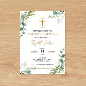 First Communion Invitation/greenery First Holy Communion/green Gold ...