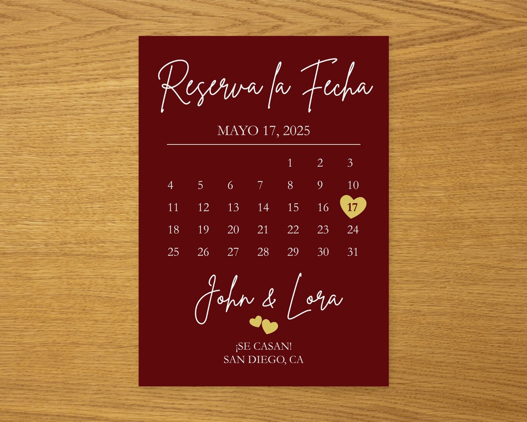 Burgundy Printable Spanish Save the Date Calendar/red Save the Date ...