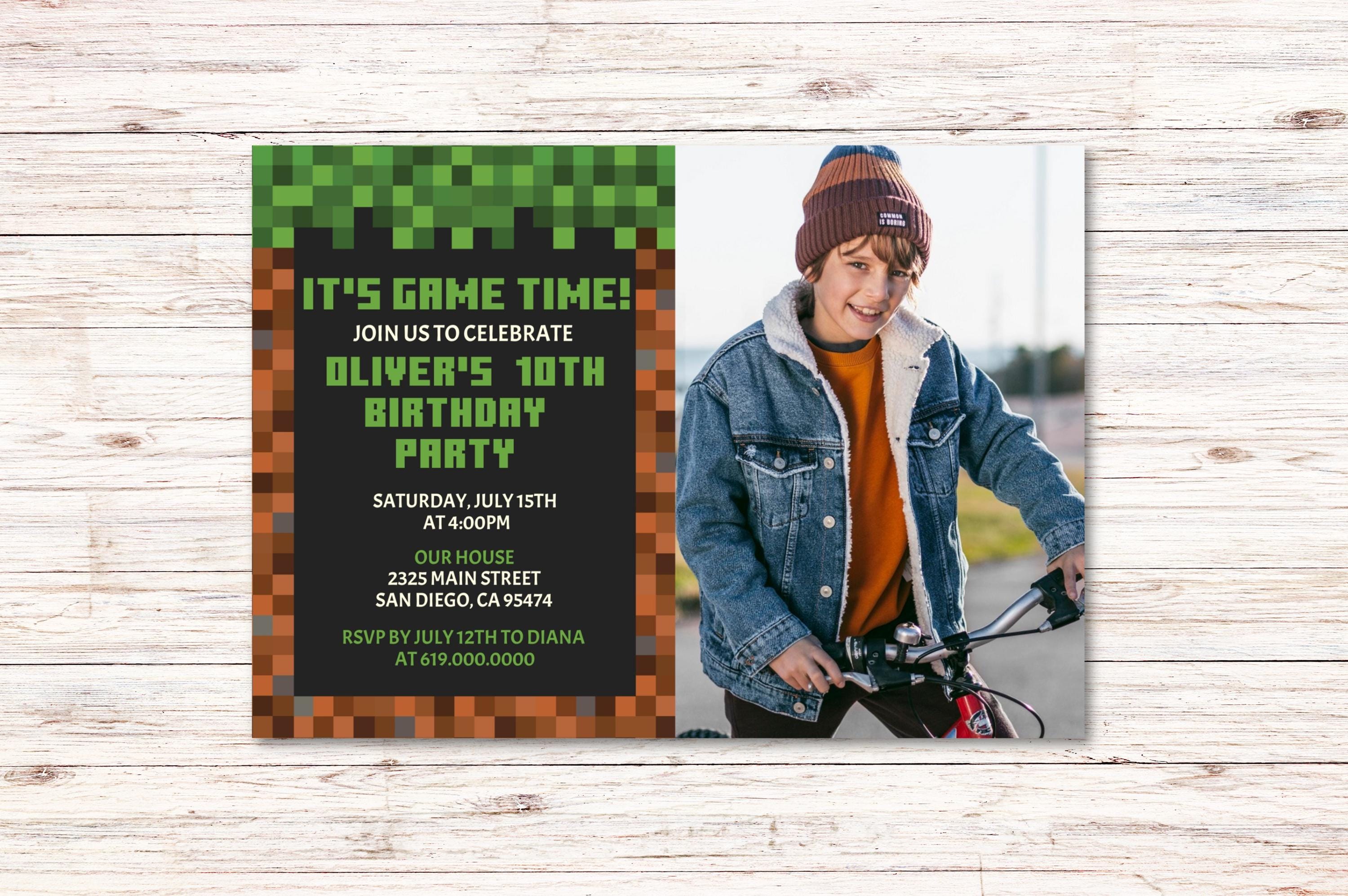 Minecraft Game Birthday Invitation With Photo for Boys Girls Kids Teens ...