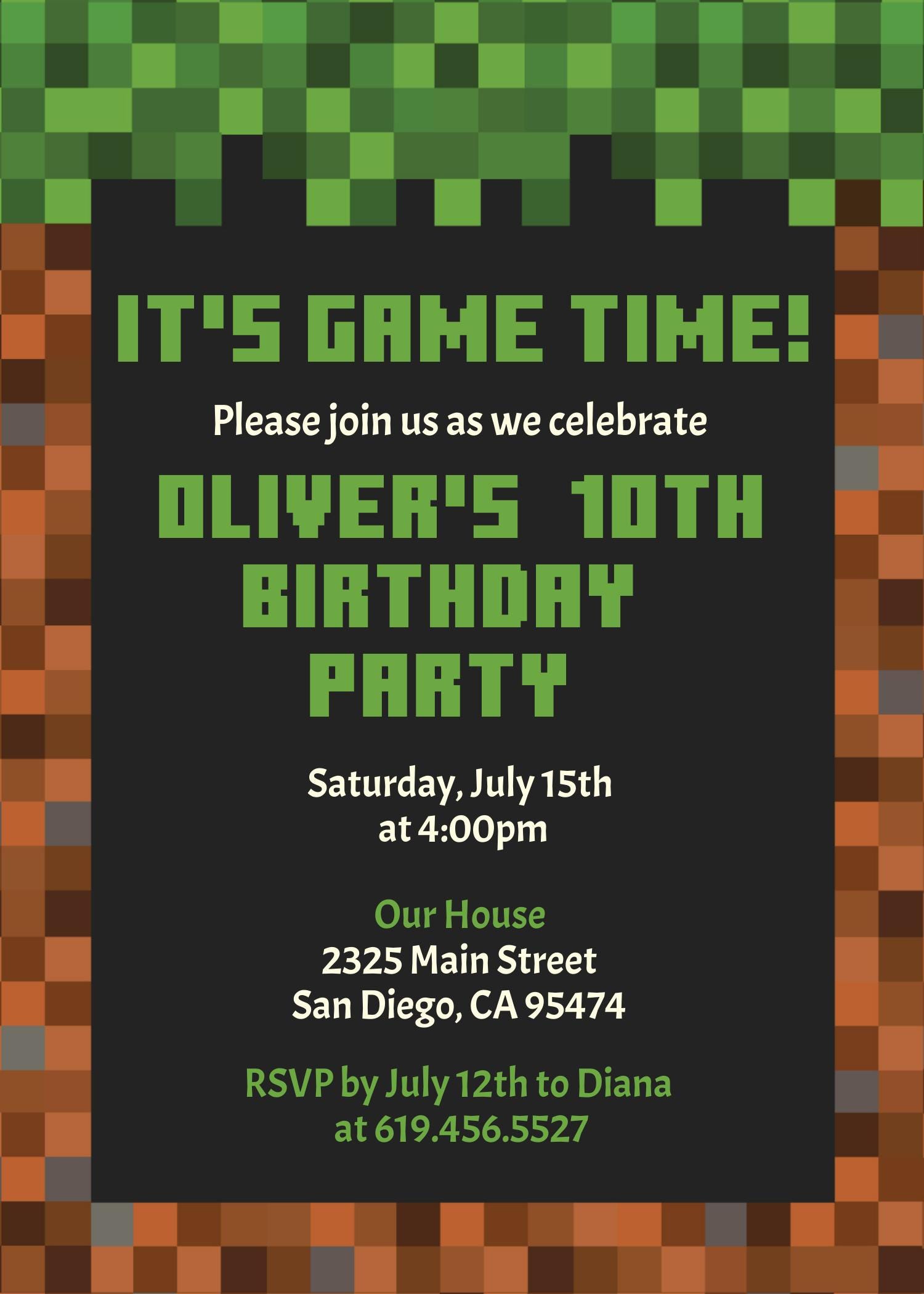 Minecraft Game Birthday Invitations for Boys/girls/kids/teens/pixelated ...