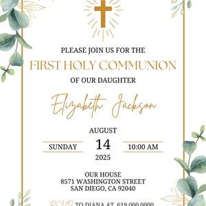 First Communion Invitation/greenery First Holy Communion/green Gold ...
