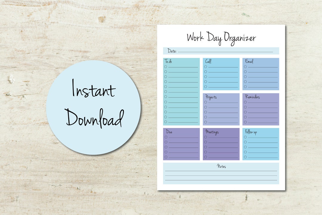 Work Day Organizer Printable, Work Planner, Printable Planner ...