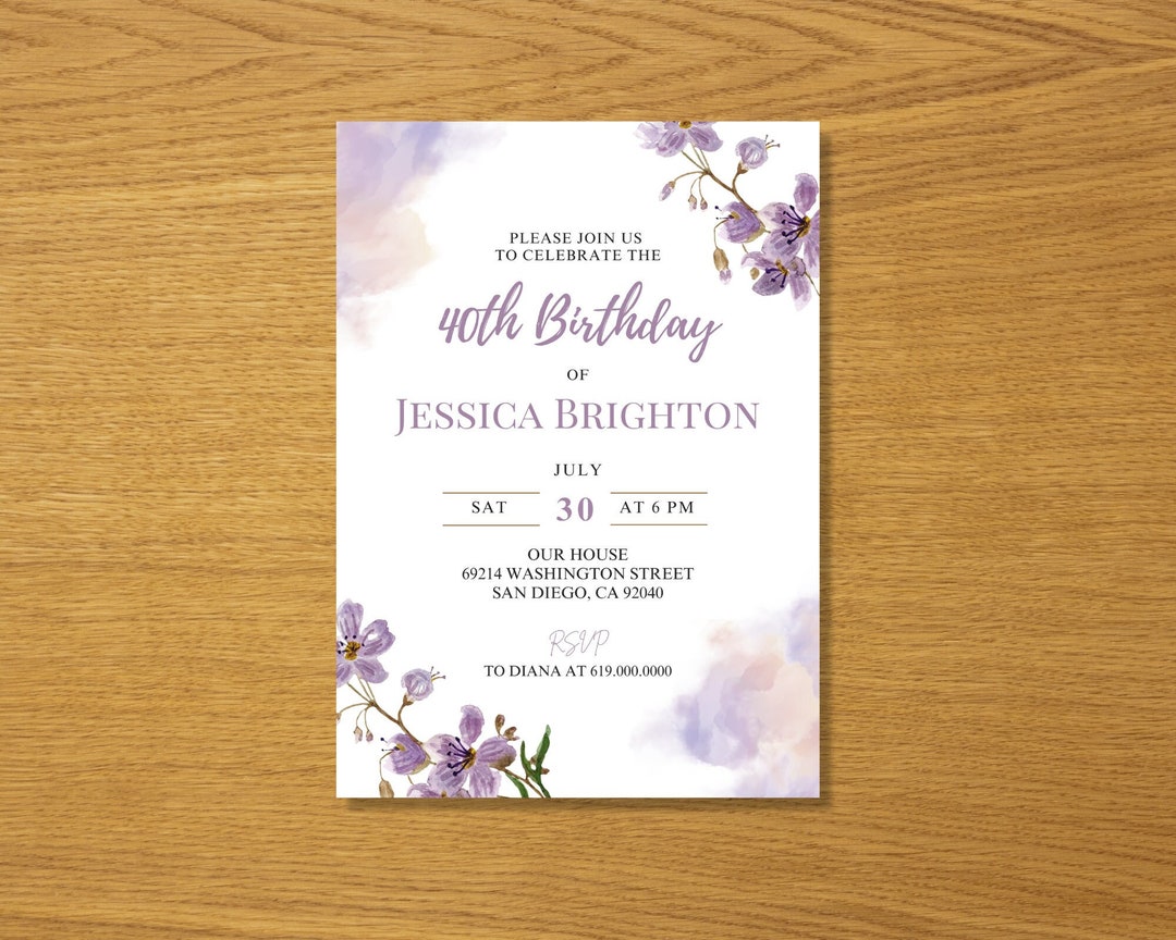 Purple Birthday Party Invitation/printable Purple Flowers Birthday ...