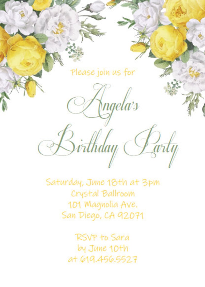 Yellow Flowers Birthday Invitations/printable Yellow & Green - Etsy